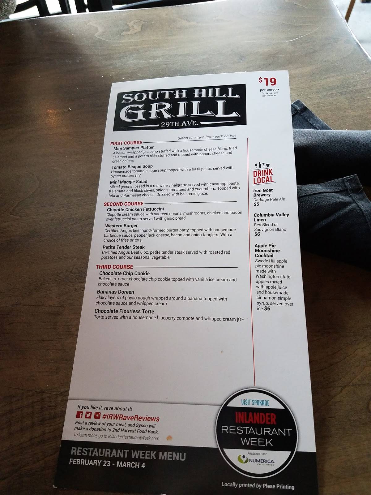 Menu at South Hill Grill restaurant, Spokane, E 57th Ave