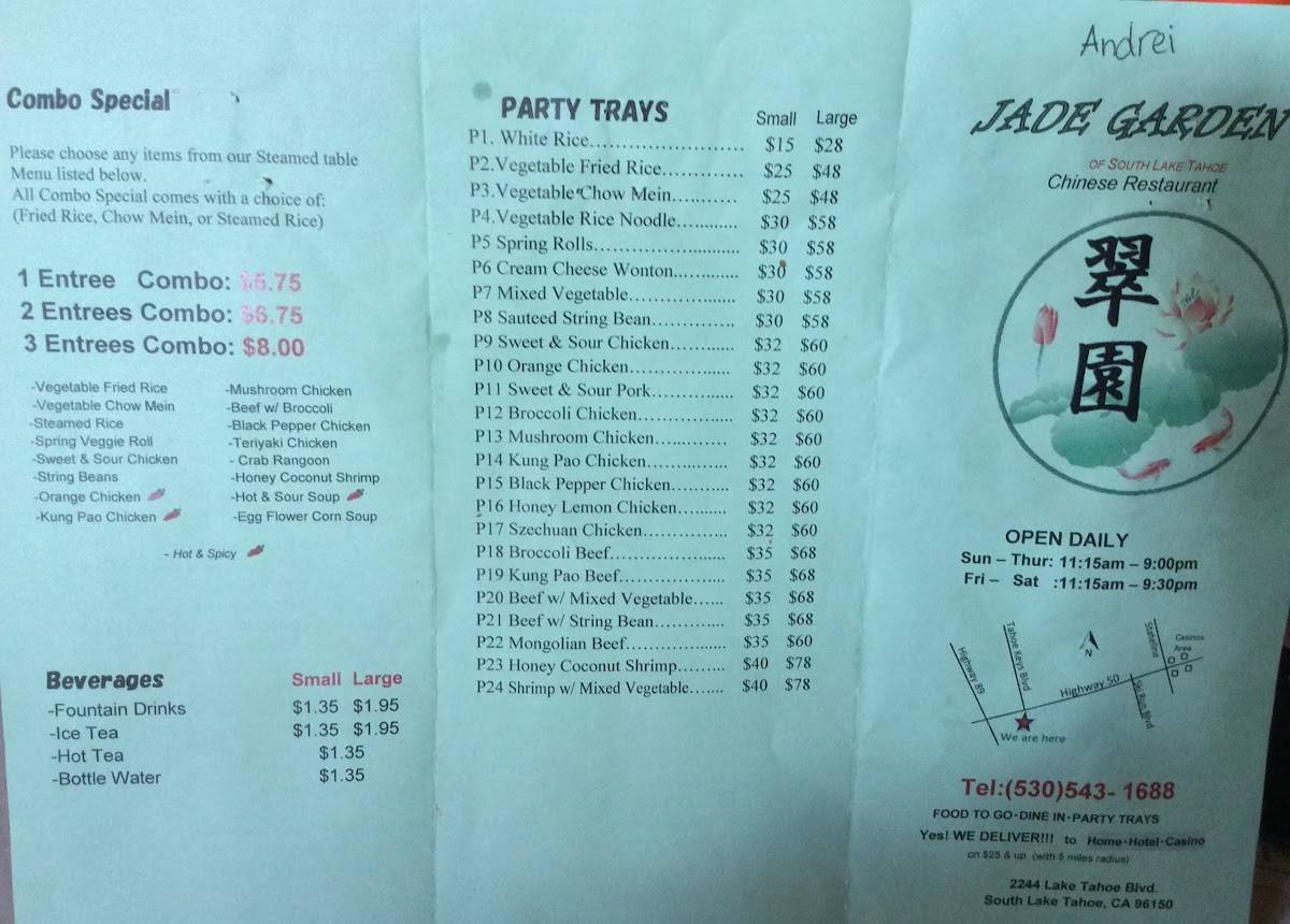 Menu at Jade Garden restaurant, South Lake Tahoe