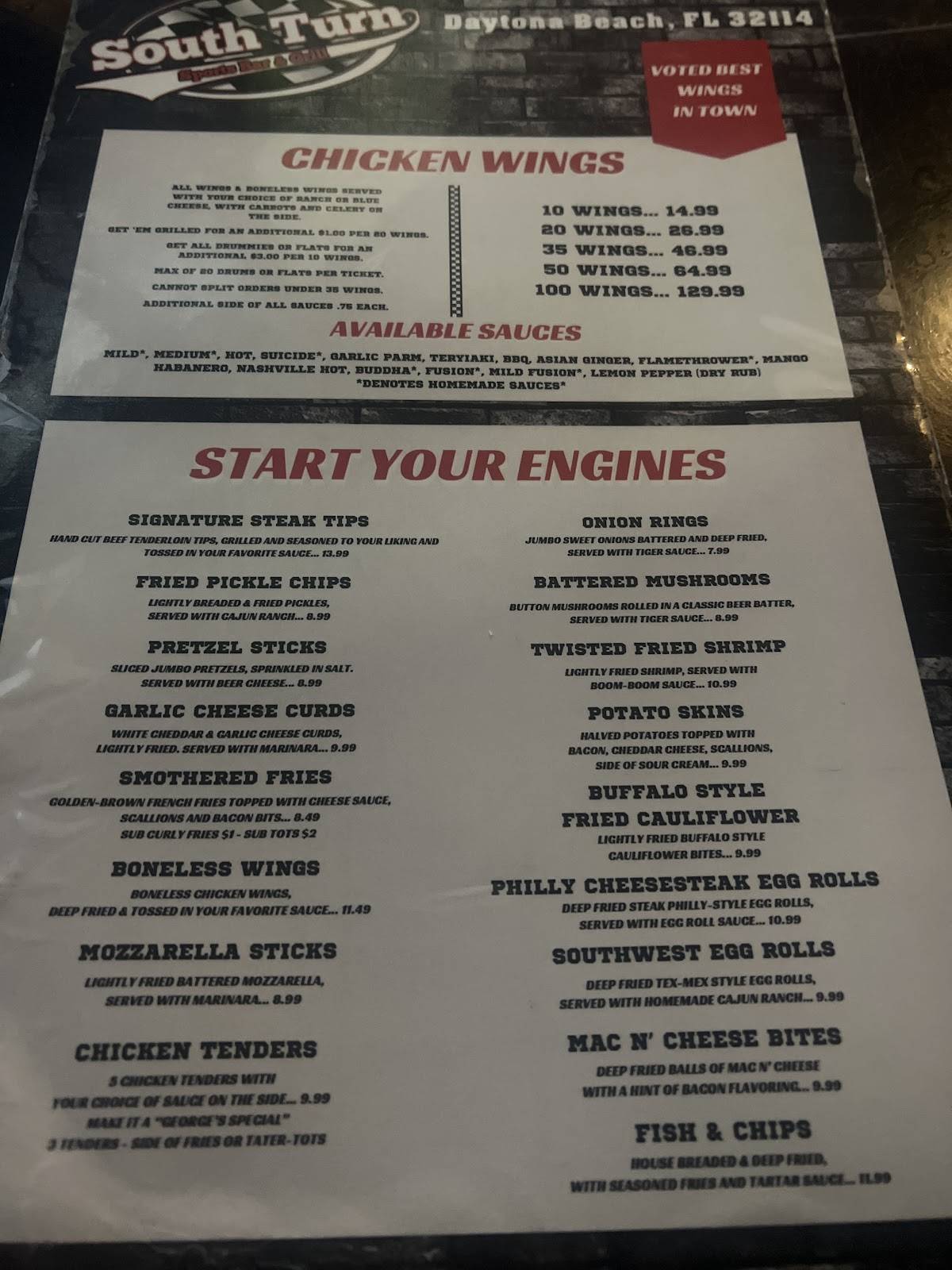 Menu at South Turn Lounge & Restaurant, Daytona Beach