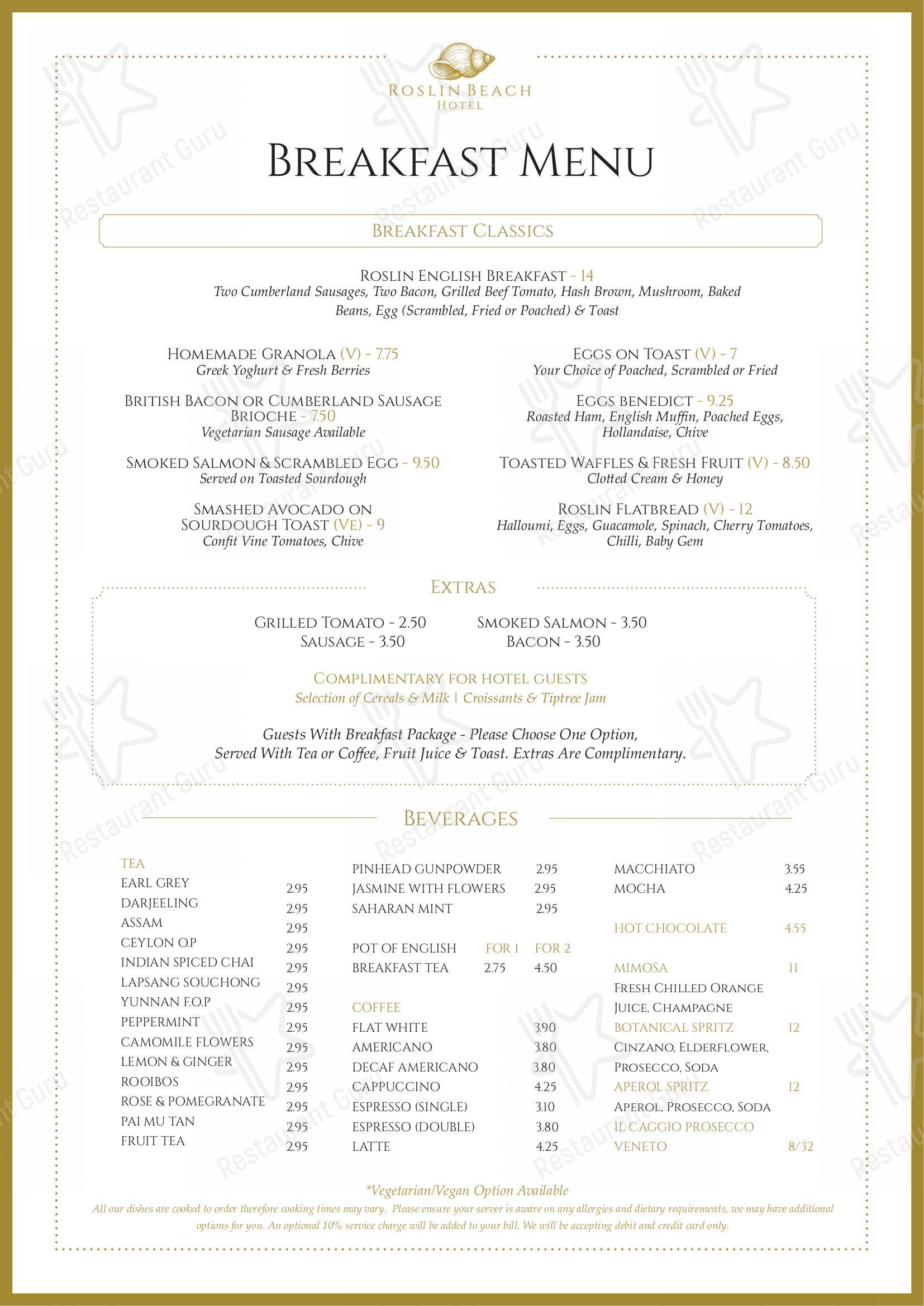 Menu at Roslin Beach Hotel pub & bar, Southend-on-Sea