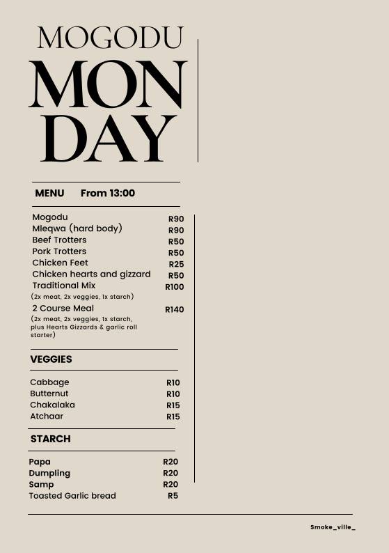 Menu at Smokeville restaurant, Soweto, 881 Motlana St