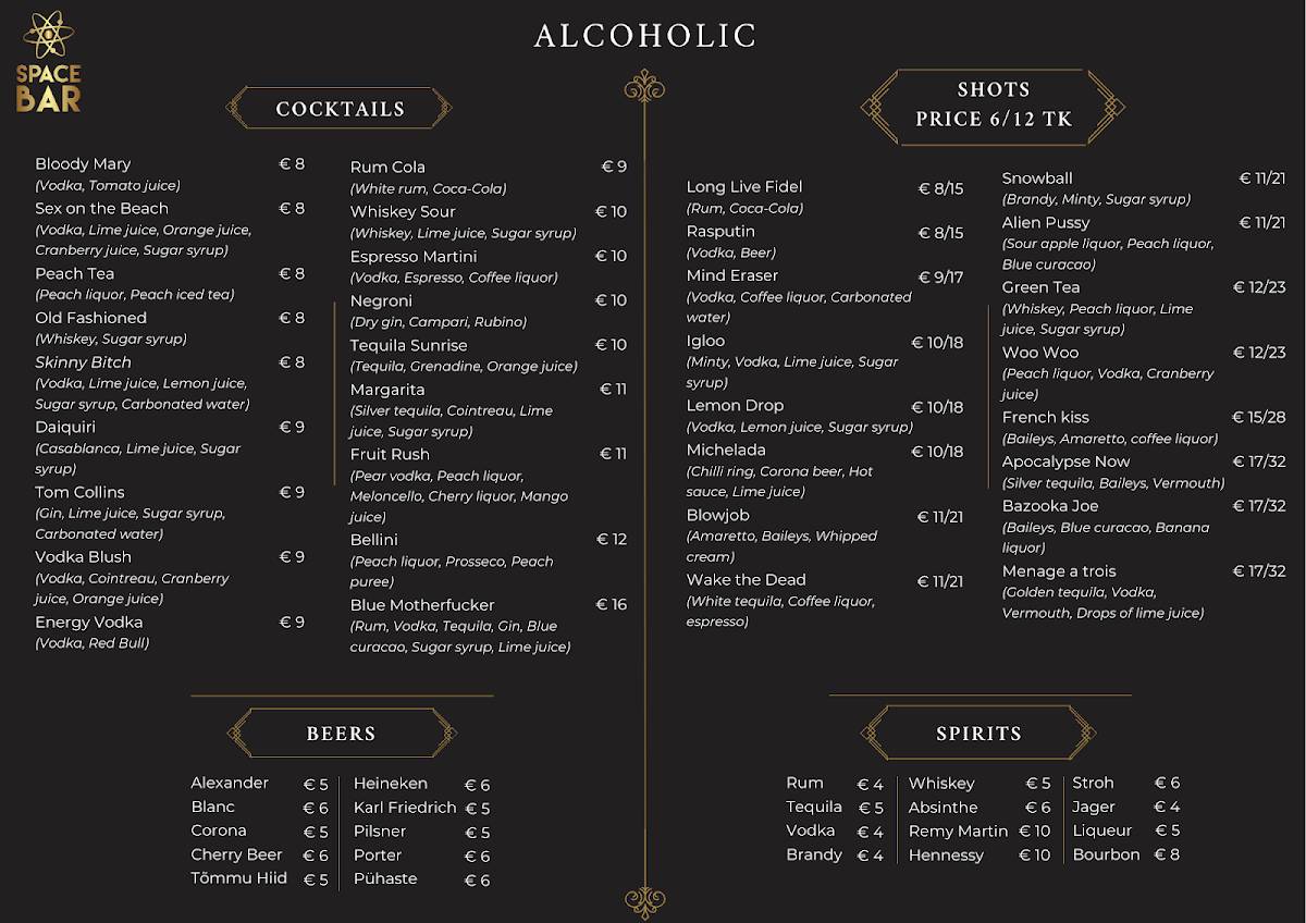 Menu at Space Bar, Tartu