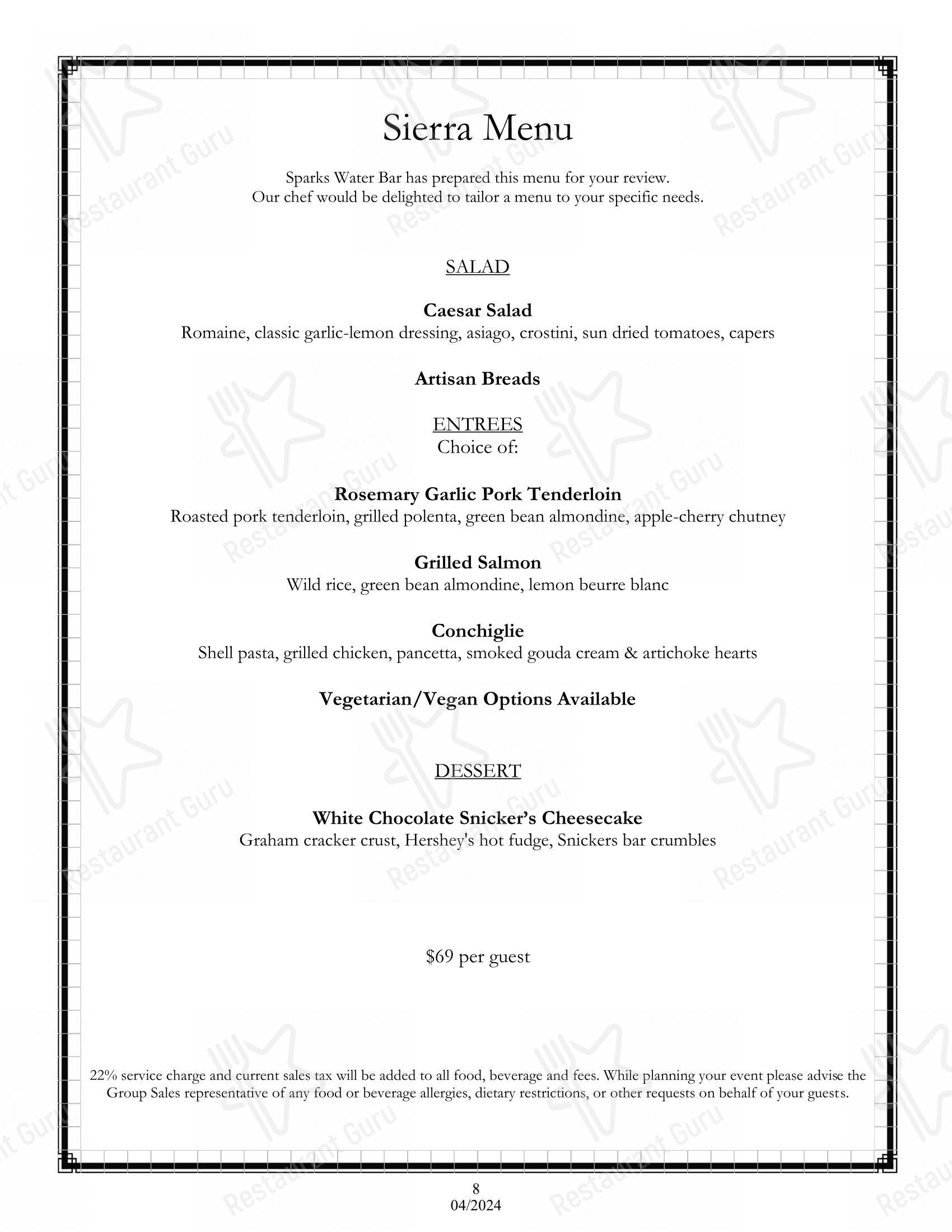 Menu at Sparks Water Bar, Sparks