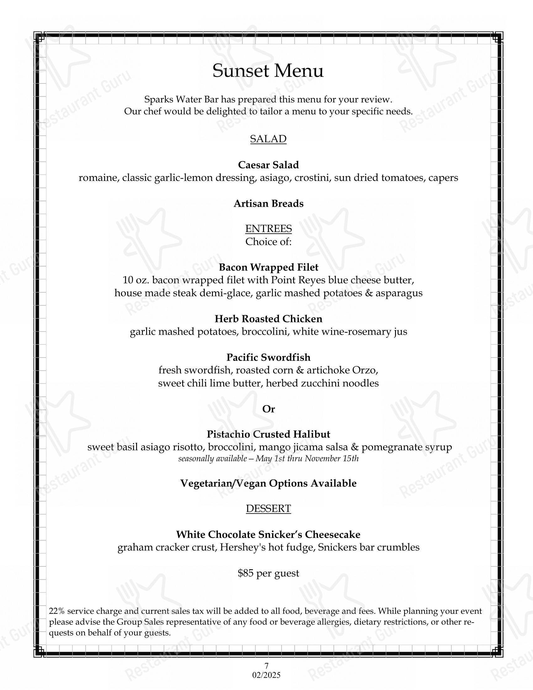 Menu at Sparks Water Bar, Sparks