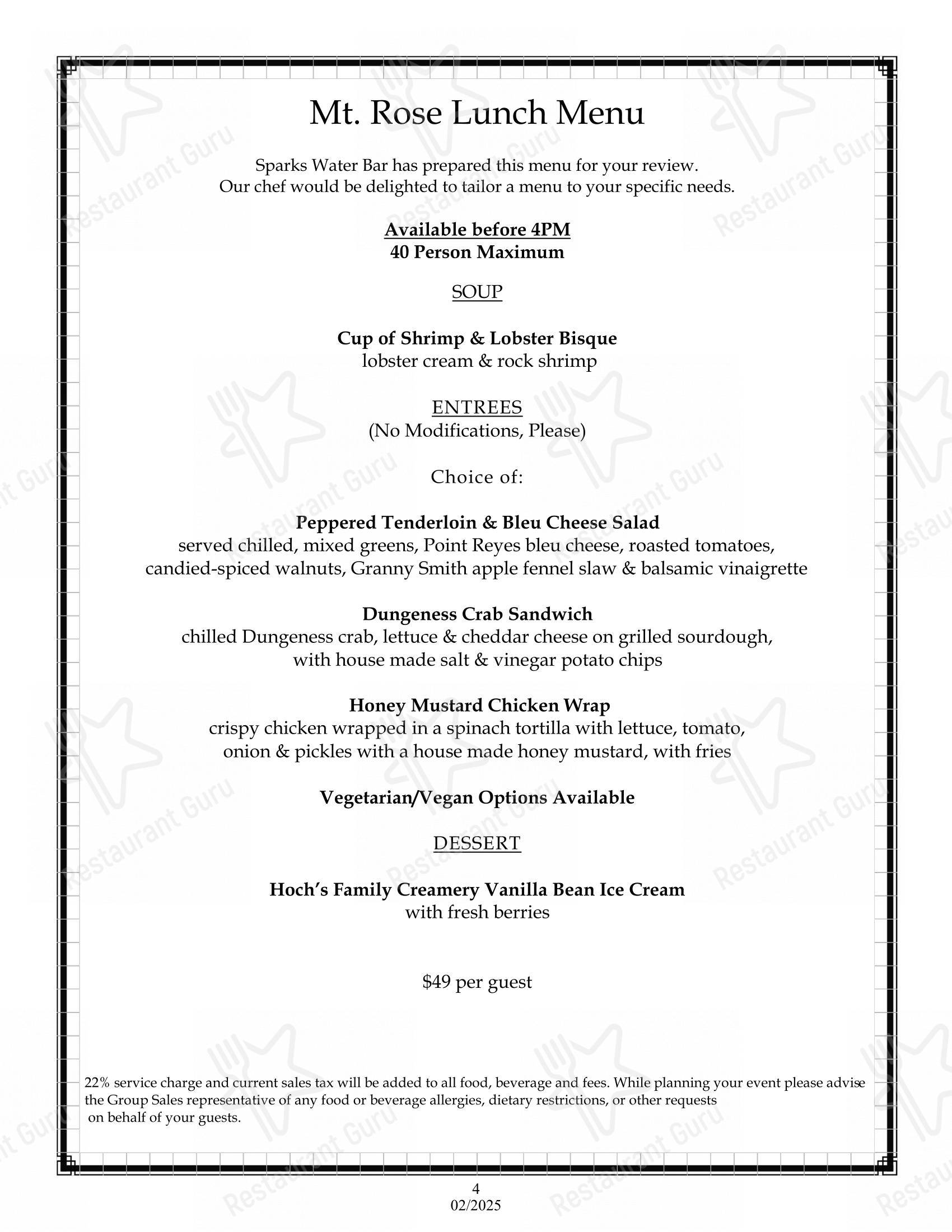 Menu at Sparks Water Bar, Sparks
