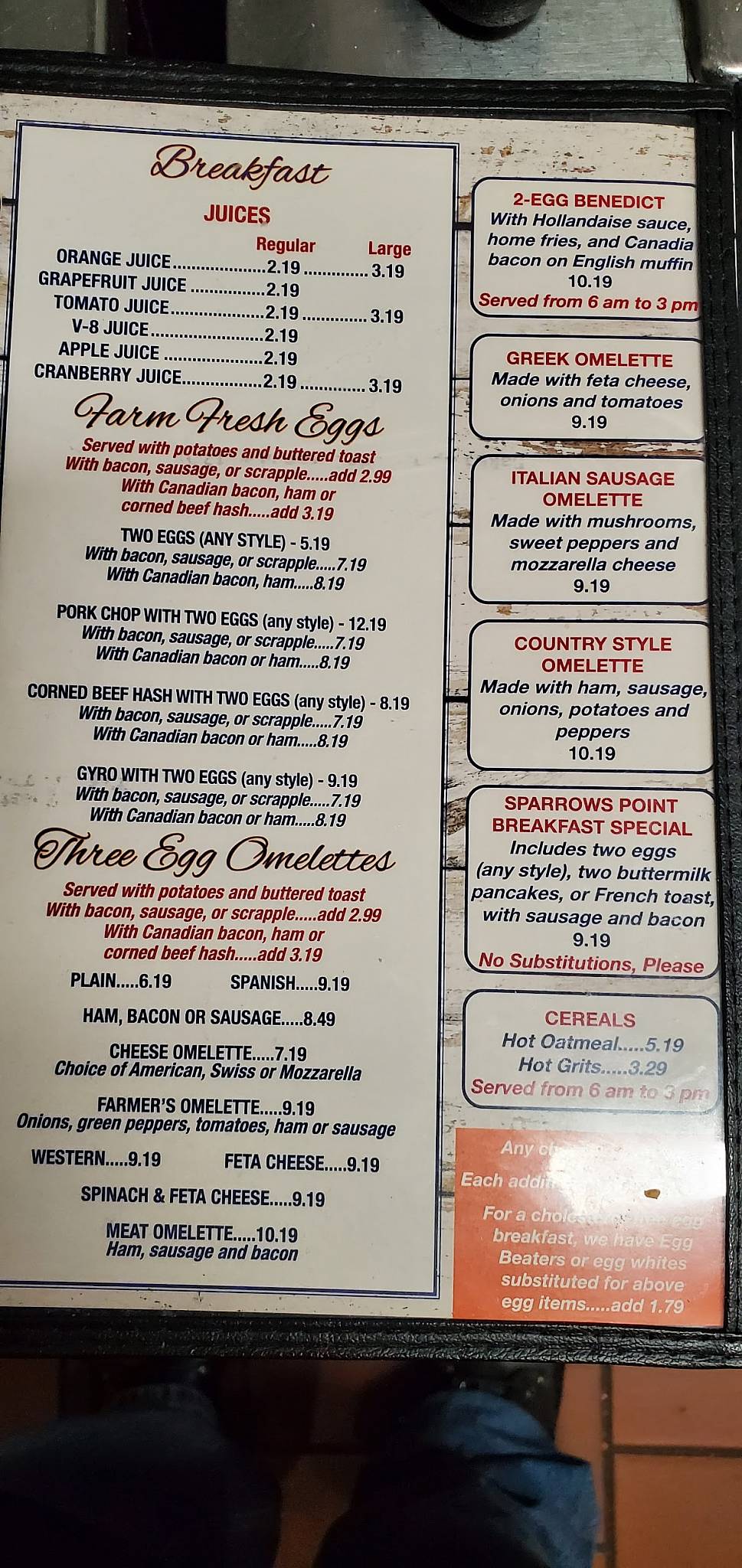 Menu at Sparrows Point Restaurant, Sparrows Point
