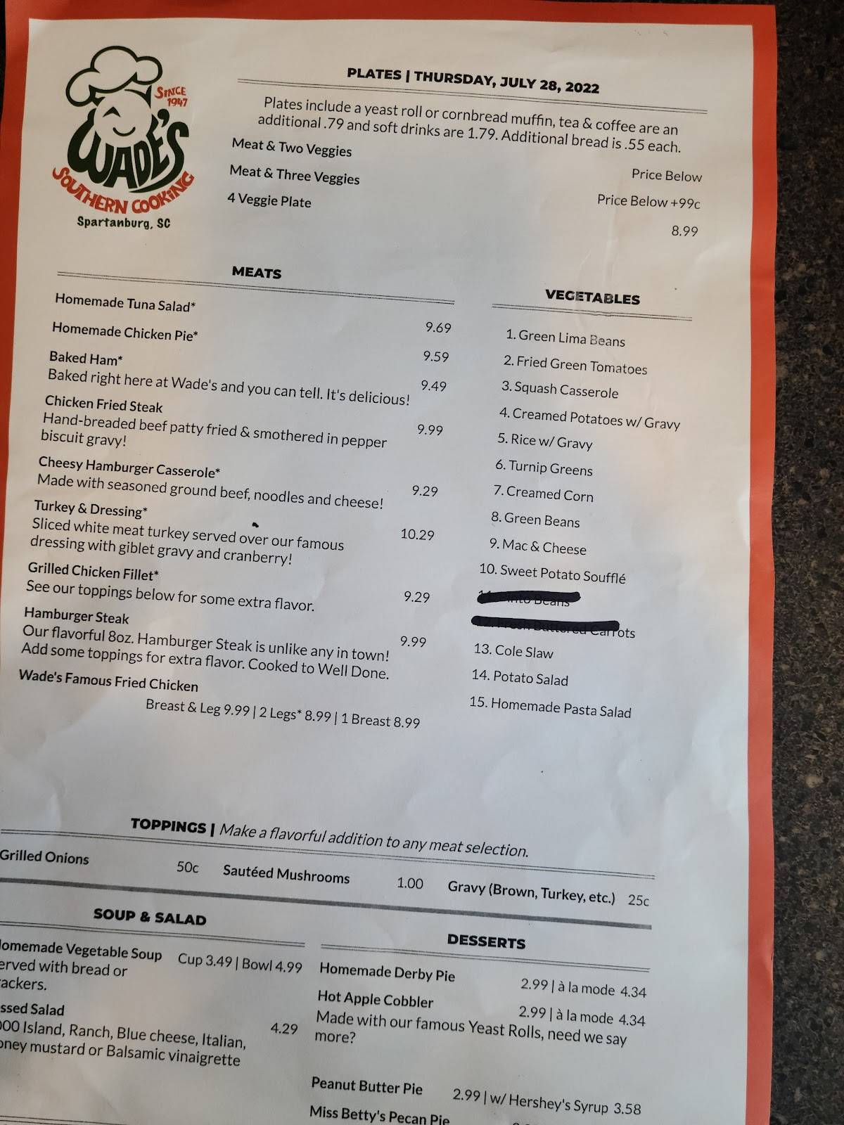 Menu at Wade's Restaurant, Spartanburg, N Pine St
