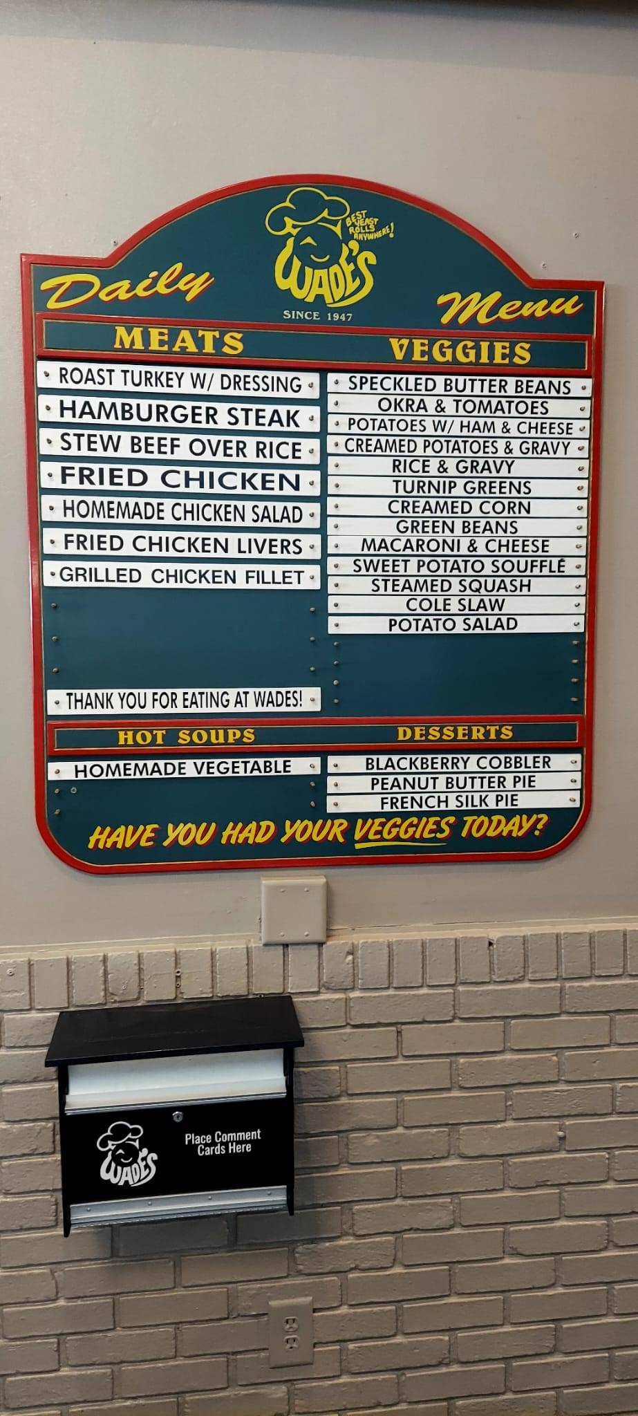 Menu at Wade's Restaurant, Spartanburg, N Pine St