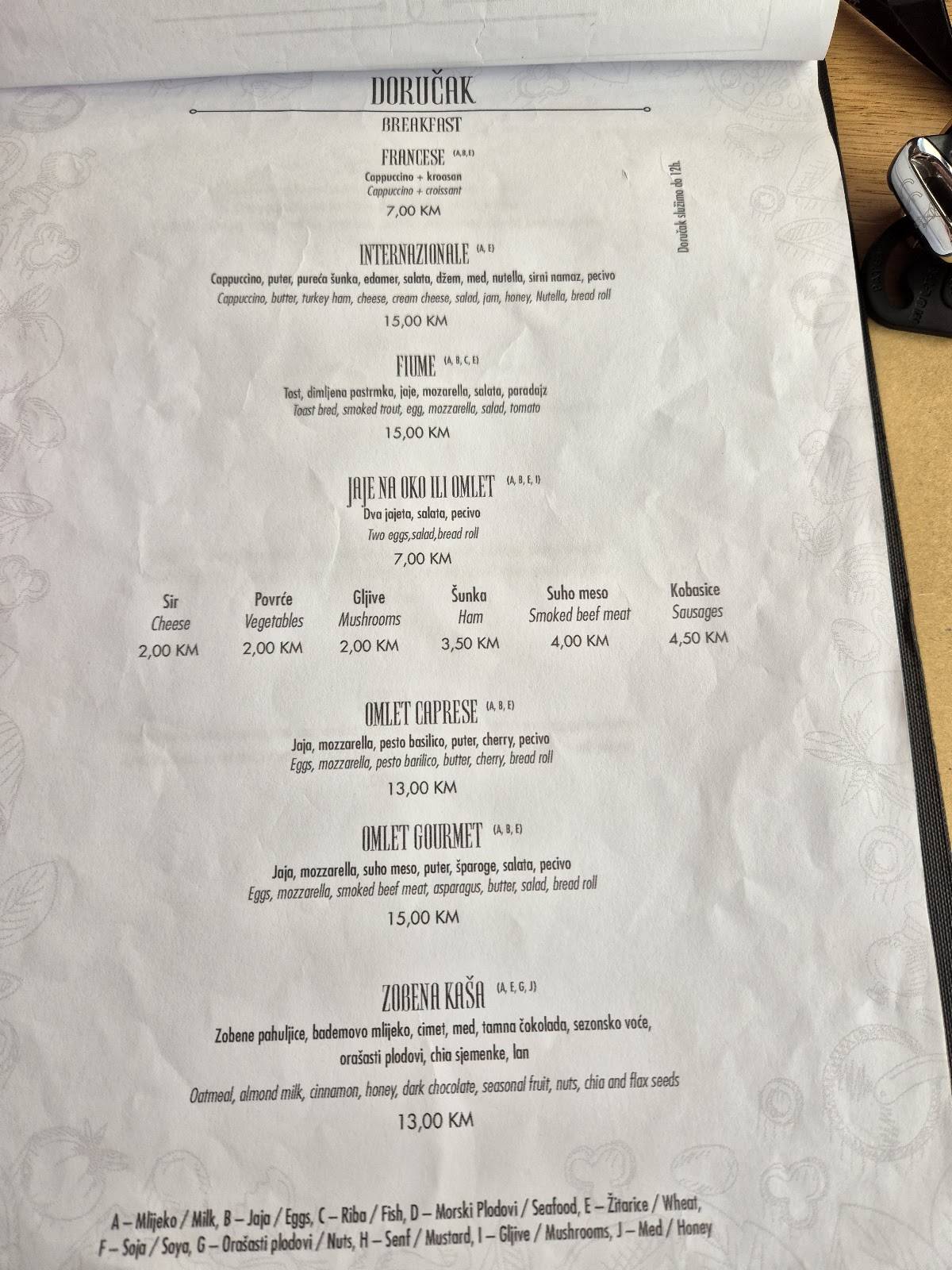 Menu at Spazio Gourmet restaurant, Sarajevo