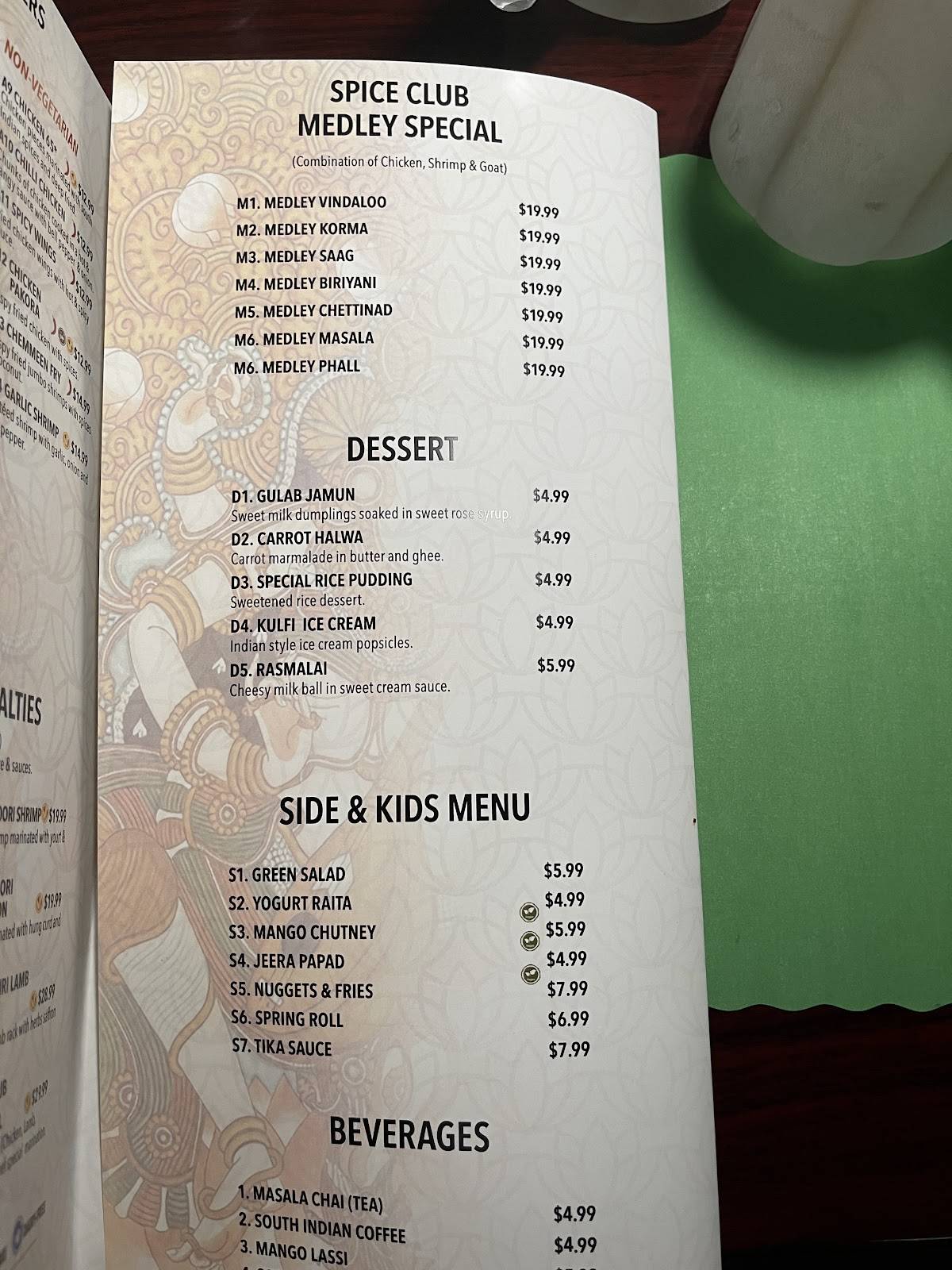 Menu at Spice Club Indian Grill - Indian Restaurant, Estero