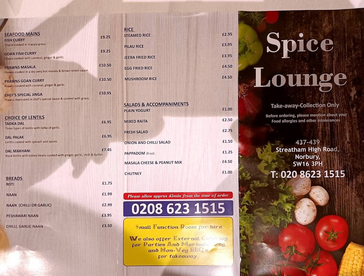 Menu at Spice Lounge Bar & Restaurant, London, 437-439 Streatham High Rd