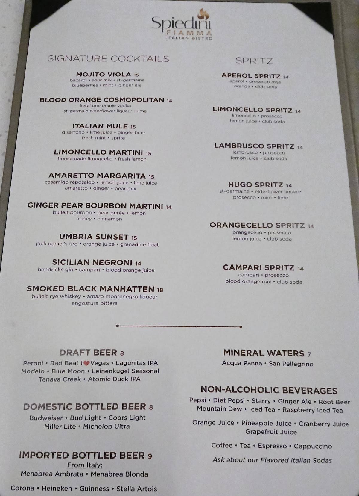Menu at Spiedini Fiamma Italian Bistro restaurant, Las Vegas