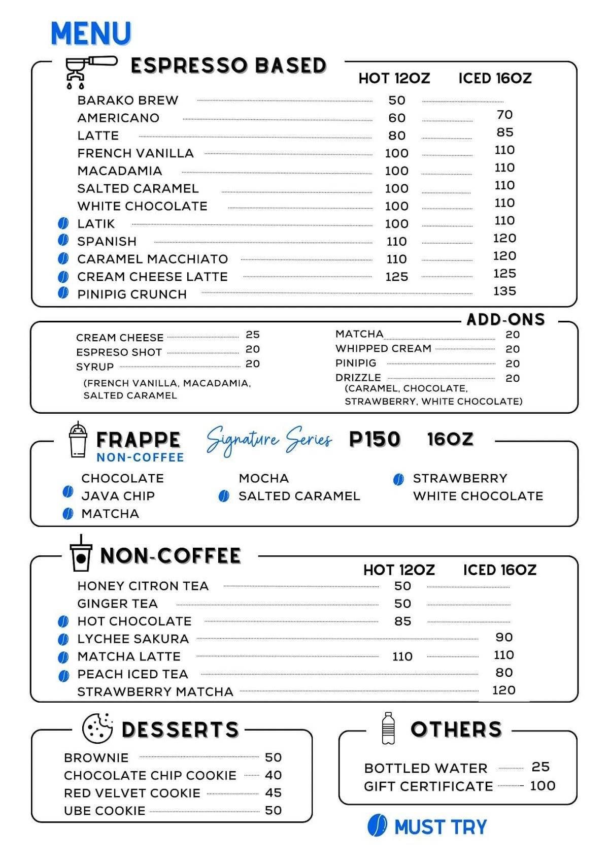Menu at Spill the Beans - Lipa, Lipa