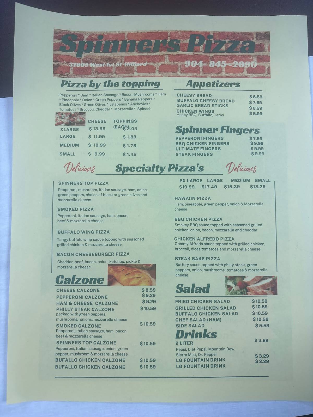 Menu at Spinners Pizza & Pasta pizzeria, Hilliard, W 1st St #2705