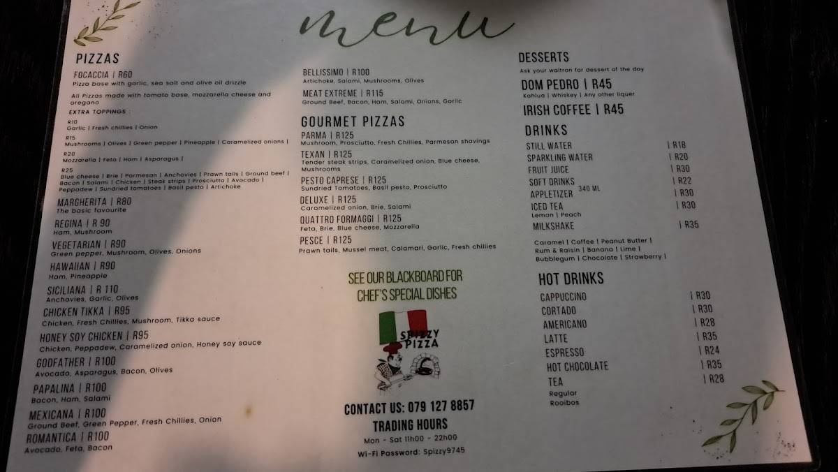 Menu at Spizzy Pizza restaurant, Ladybrand