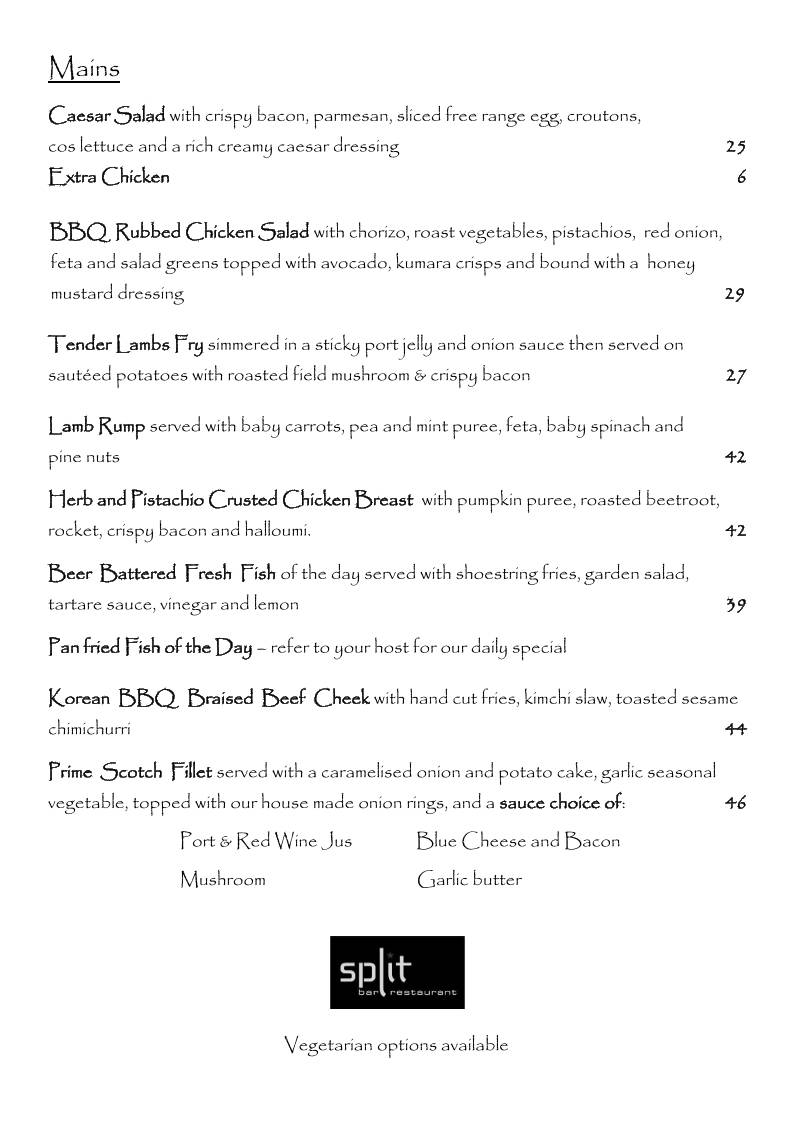 Menu at Split Bar & Restaurant, Whangarei