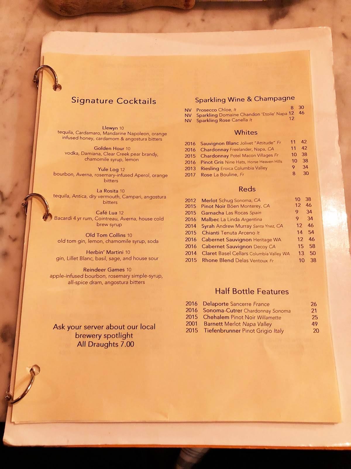 Menu at Luna restaurant, Spokane