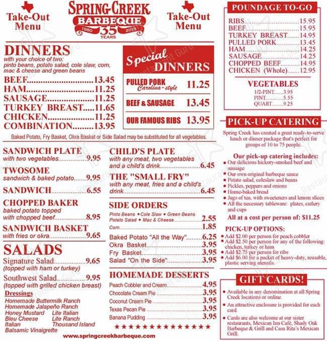 Menu at Spring Creek Barbeque, Keller, 660 S Main St