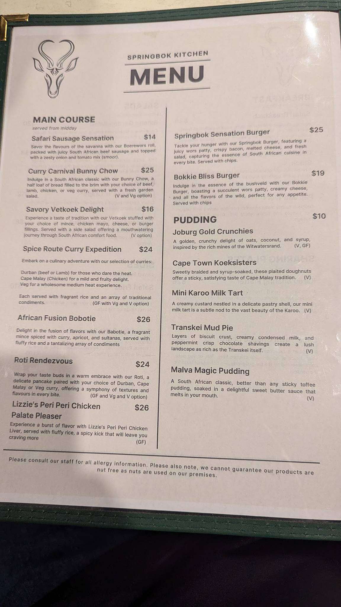 Menu at Springbok Kitchen restaurant, Mandurah
