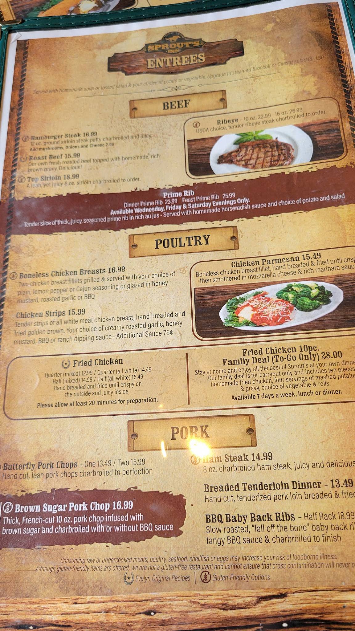 Menu at Sprout's Inn restaurant, Quincy