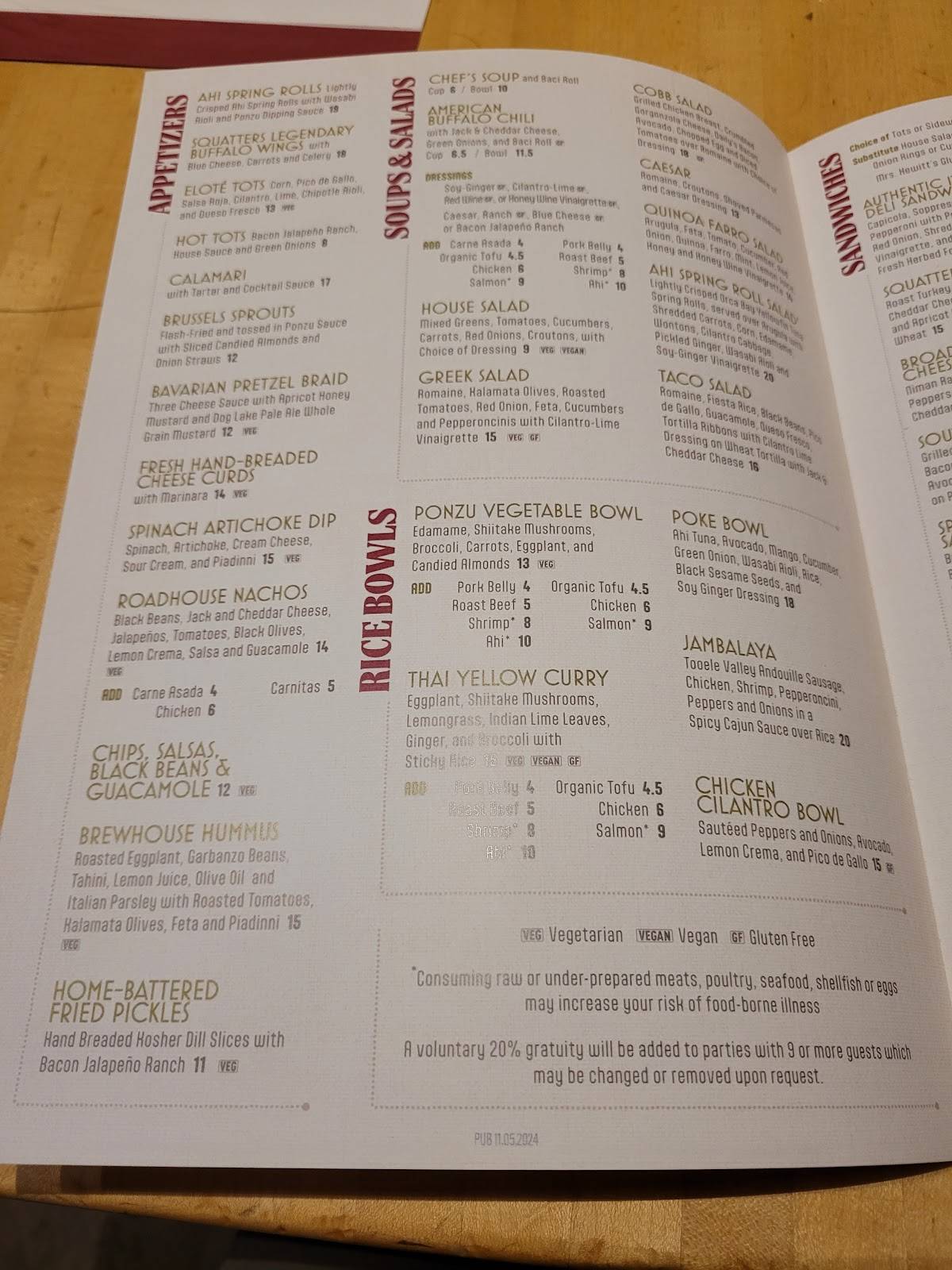 Menu at Squatters Pub Brewery, Salt Lake City, 147 W Broadway