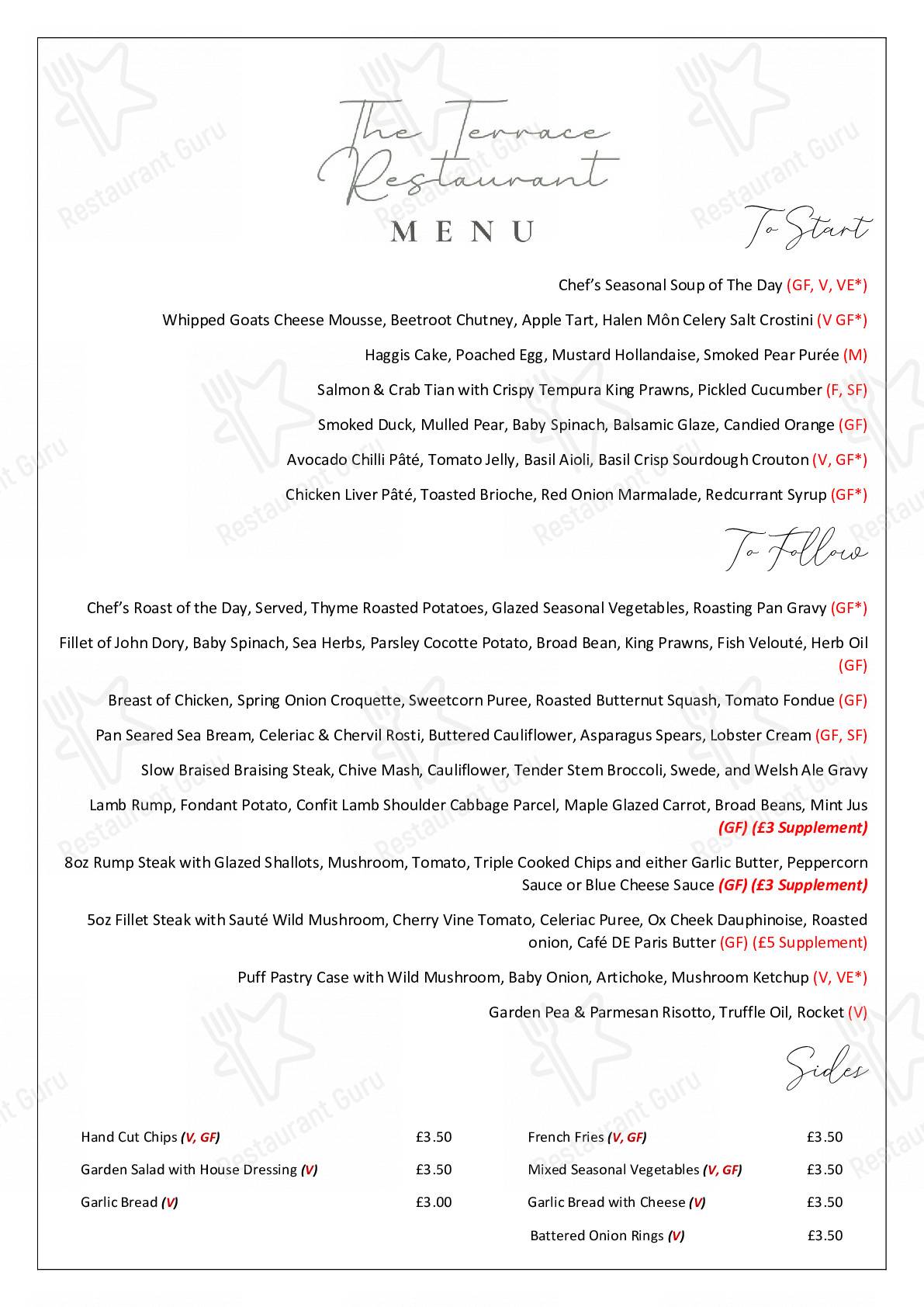 Menu at St George's Hotel restaurant, Llandudno