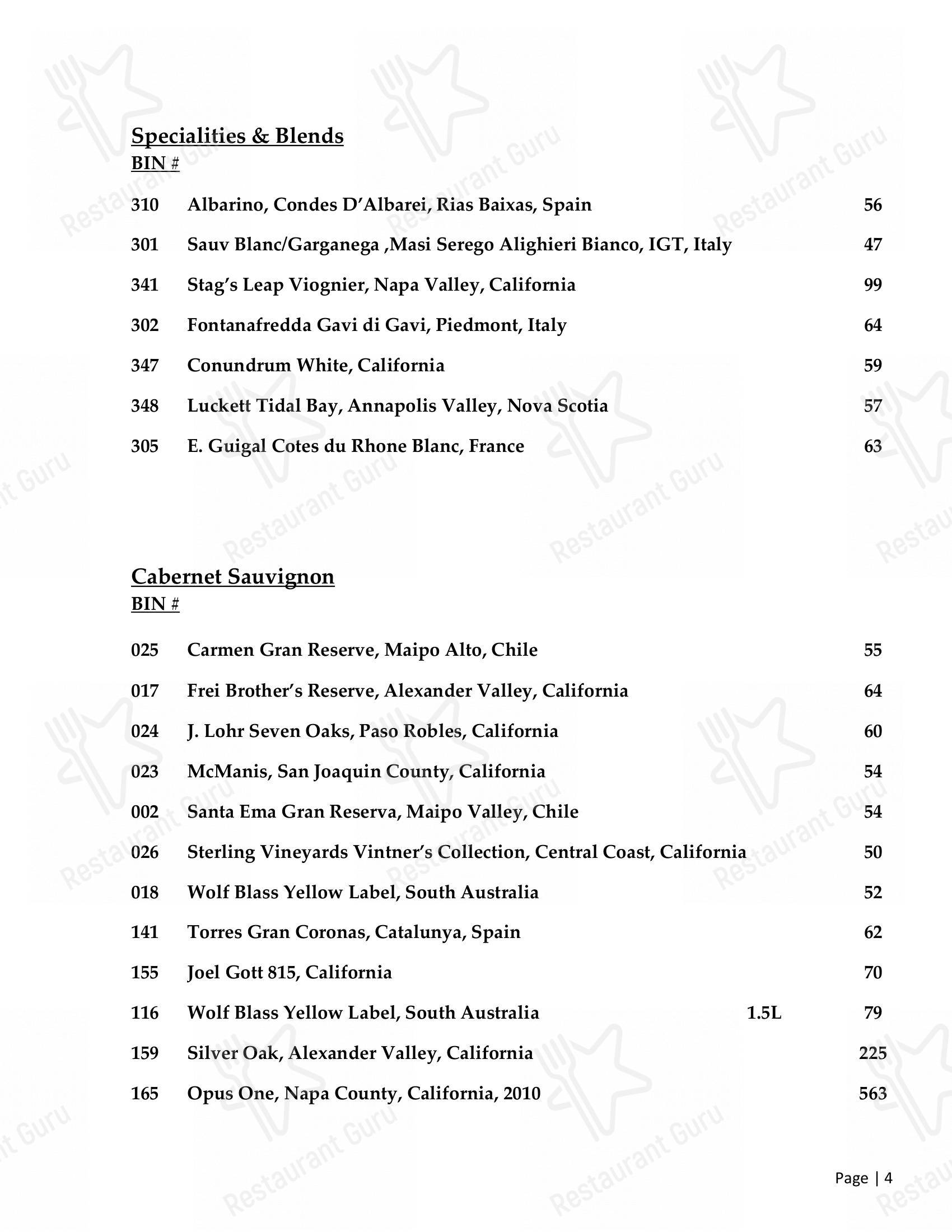 Menu at The Gypsy Tea Room restaurant, St. John's