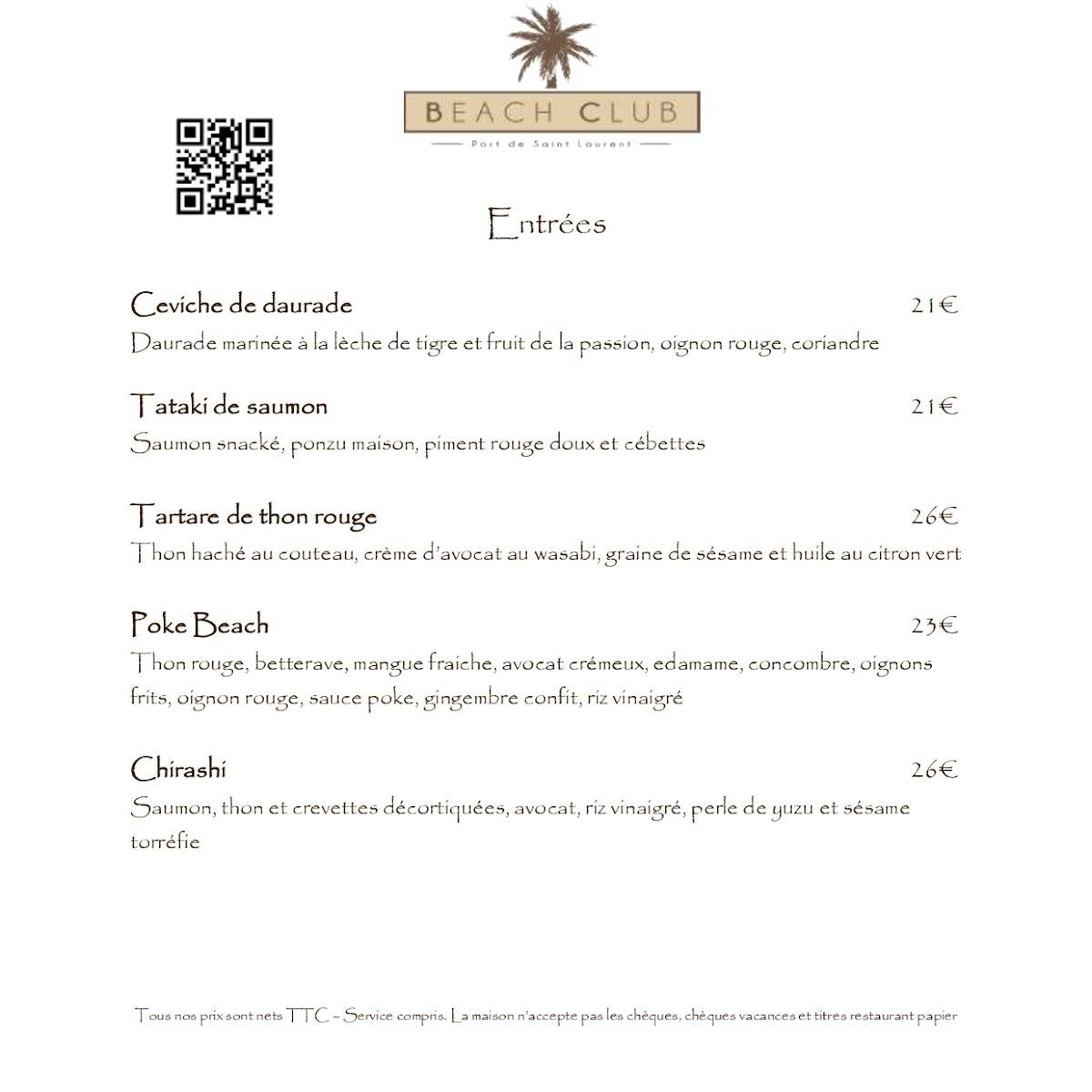 Menu at Beach Club, St-Laurent-du-Var
