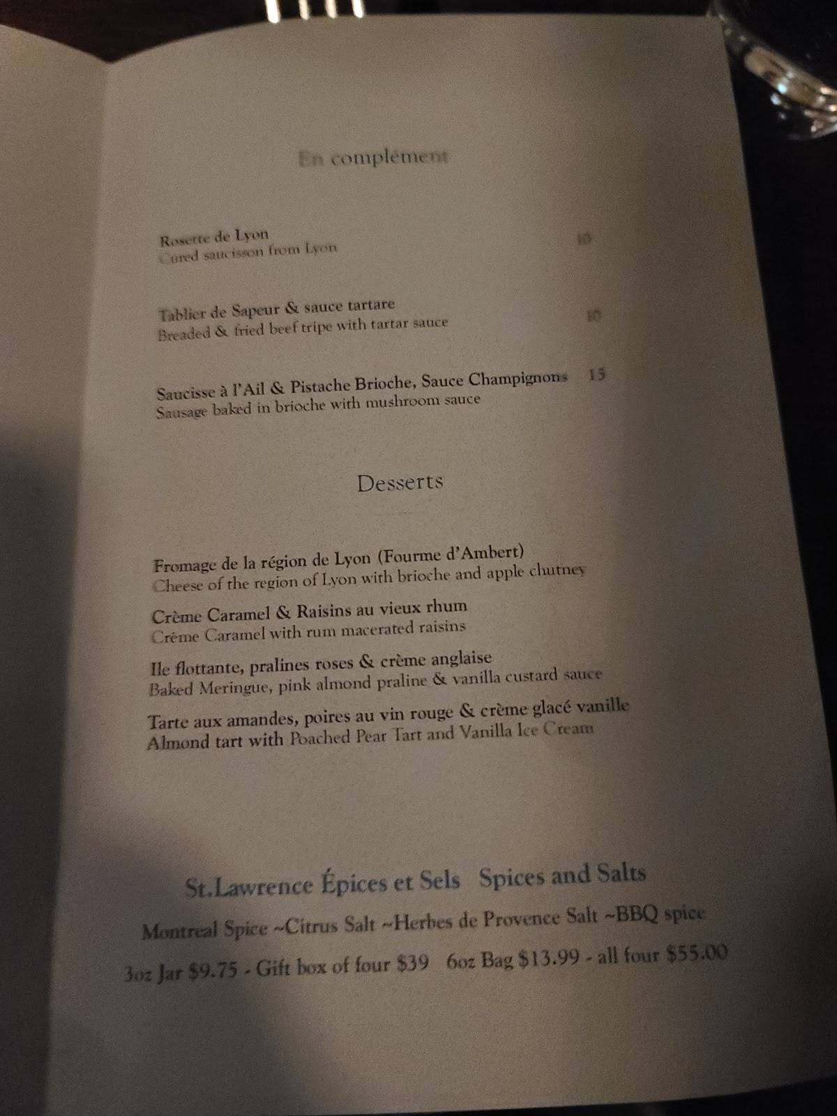 Menu at St. Lawrence Restaurant, Vancouver