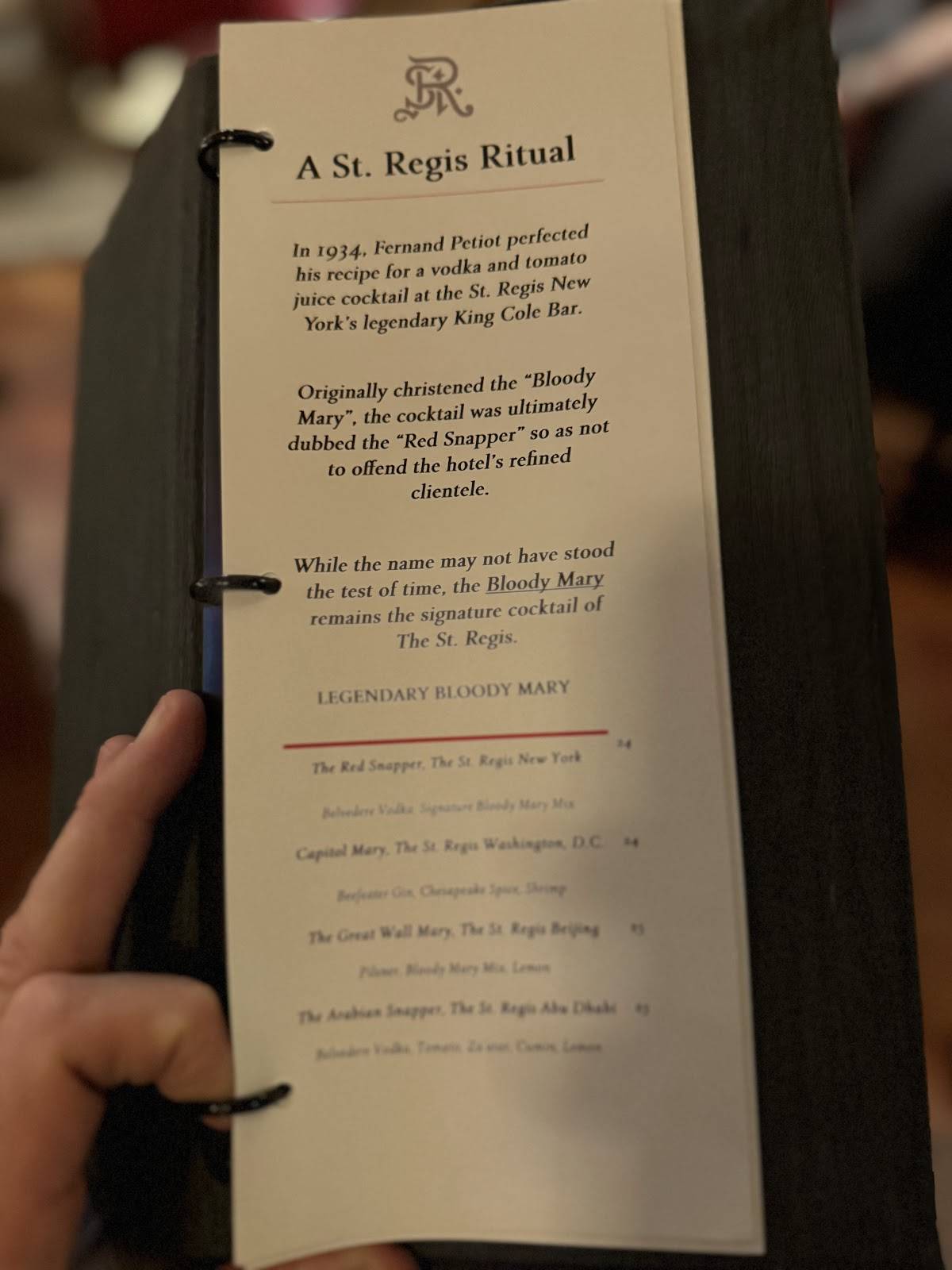 Menu at St. Regis Bar, Washington
