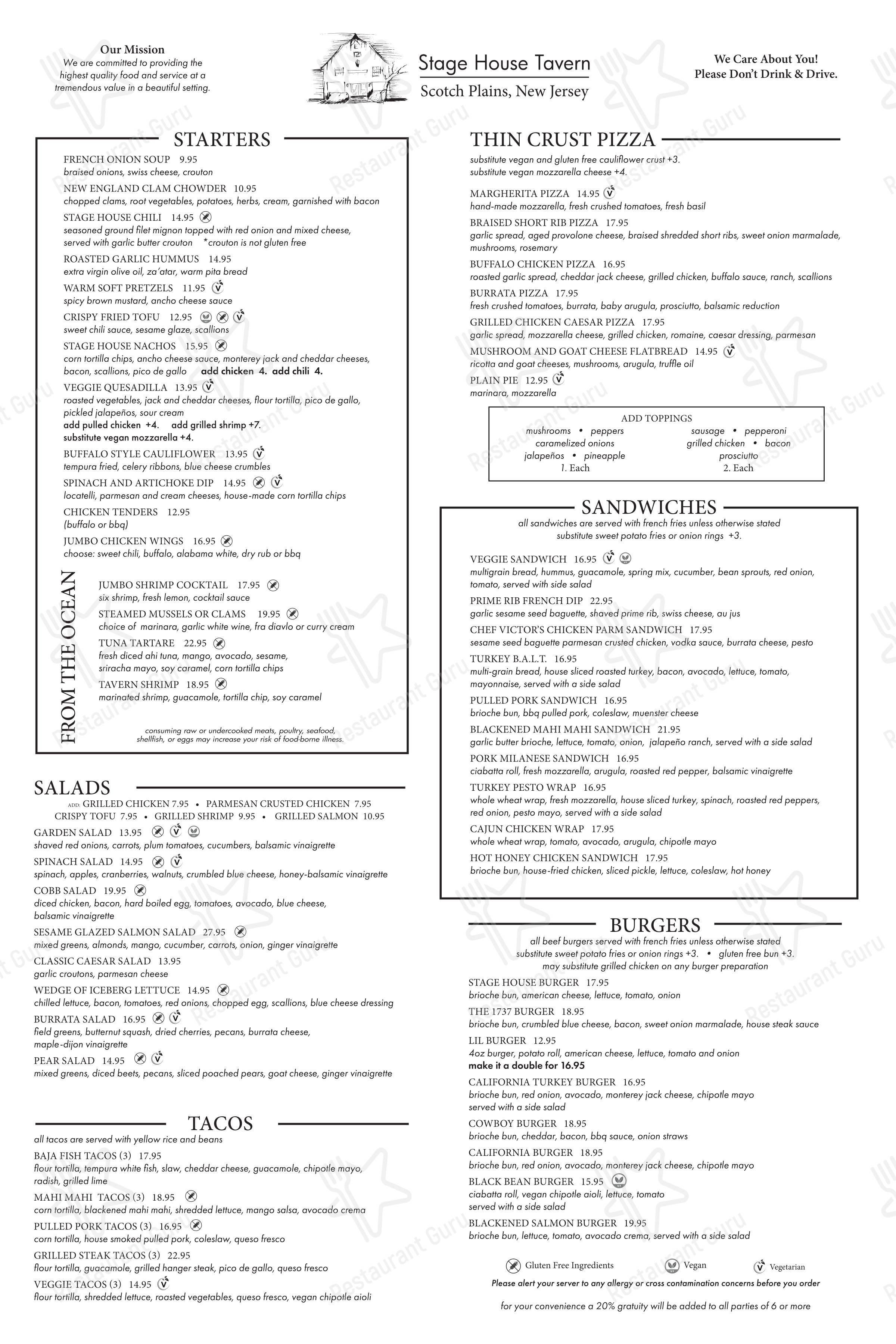 Menu at Stage House Tavern pub & bar, Scotch Plains