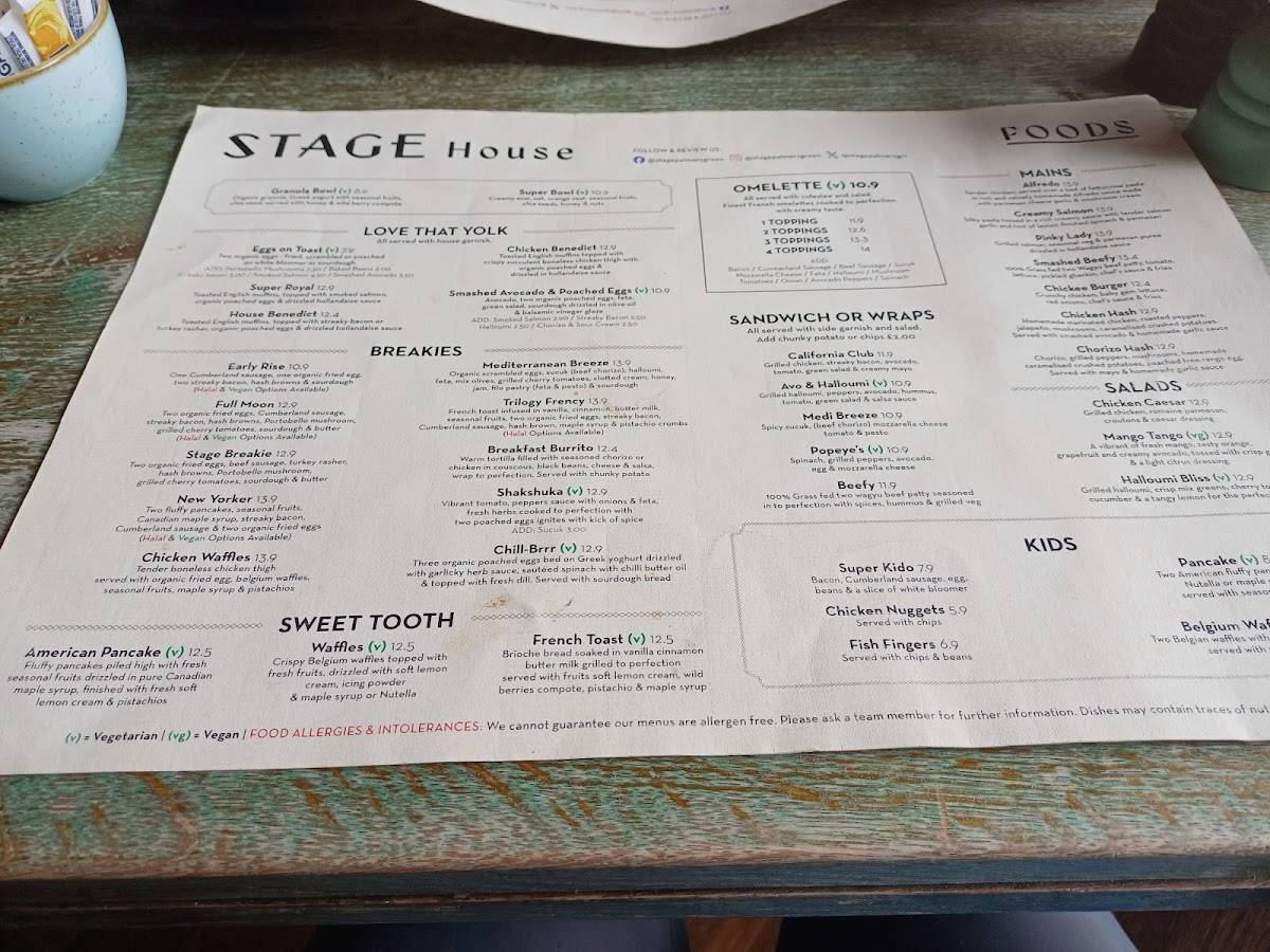 Menu at Stage House cafe, London, 260 Green Lanes