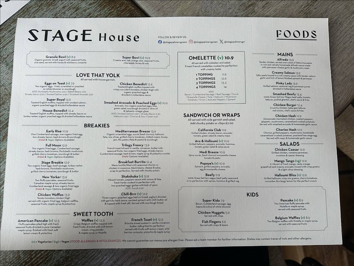 Menu at Stage House cafe, London, 260 Green Lanes