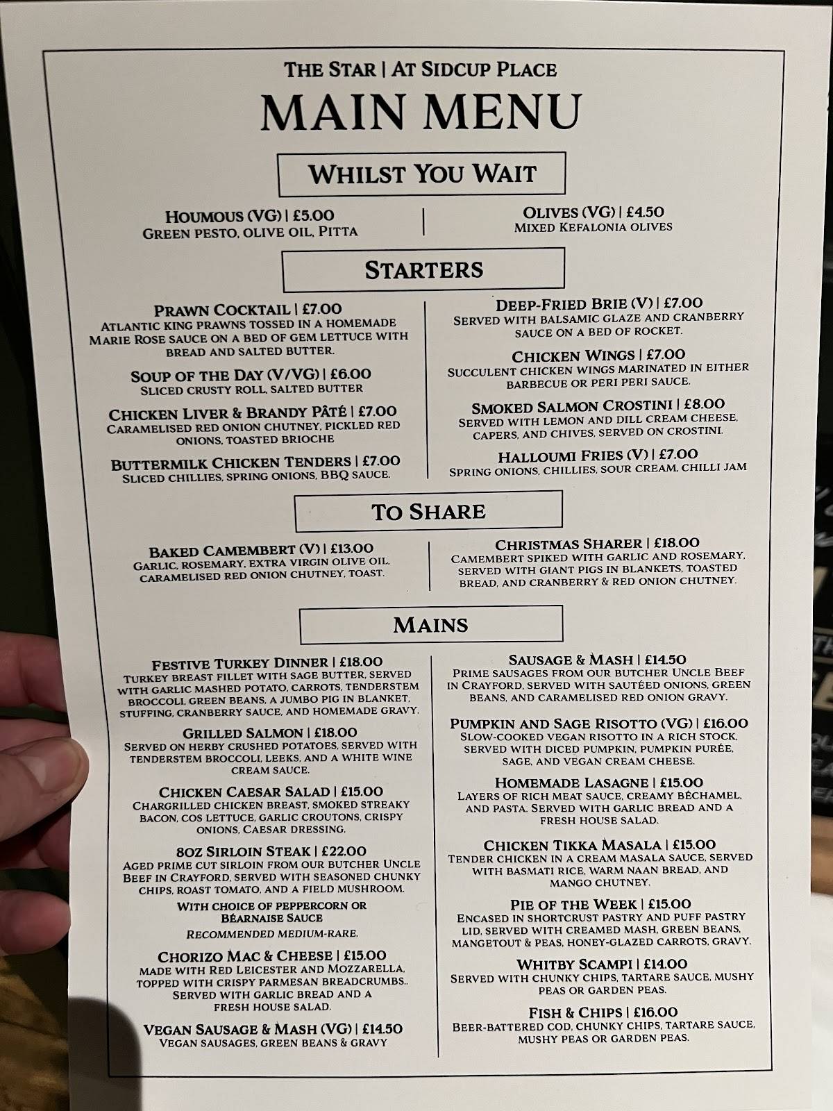 Menu at The Star at Sidcup Place pub & bar, Sidcup, Chislehurst Rd