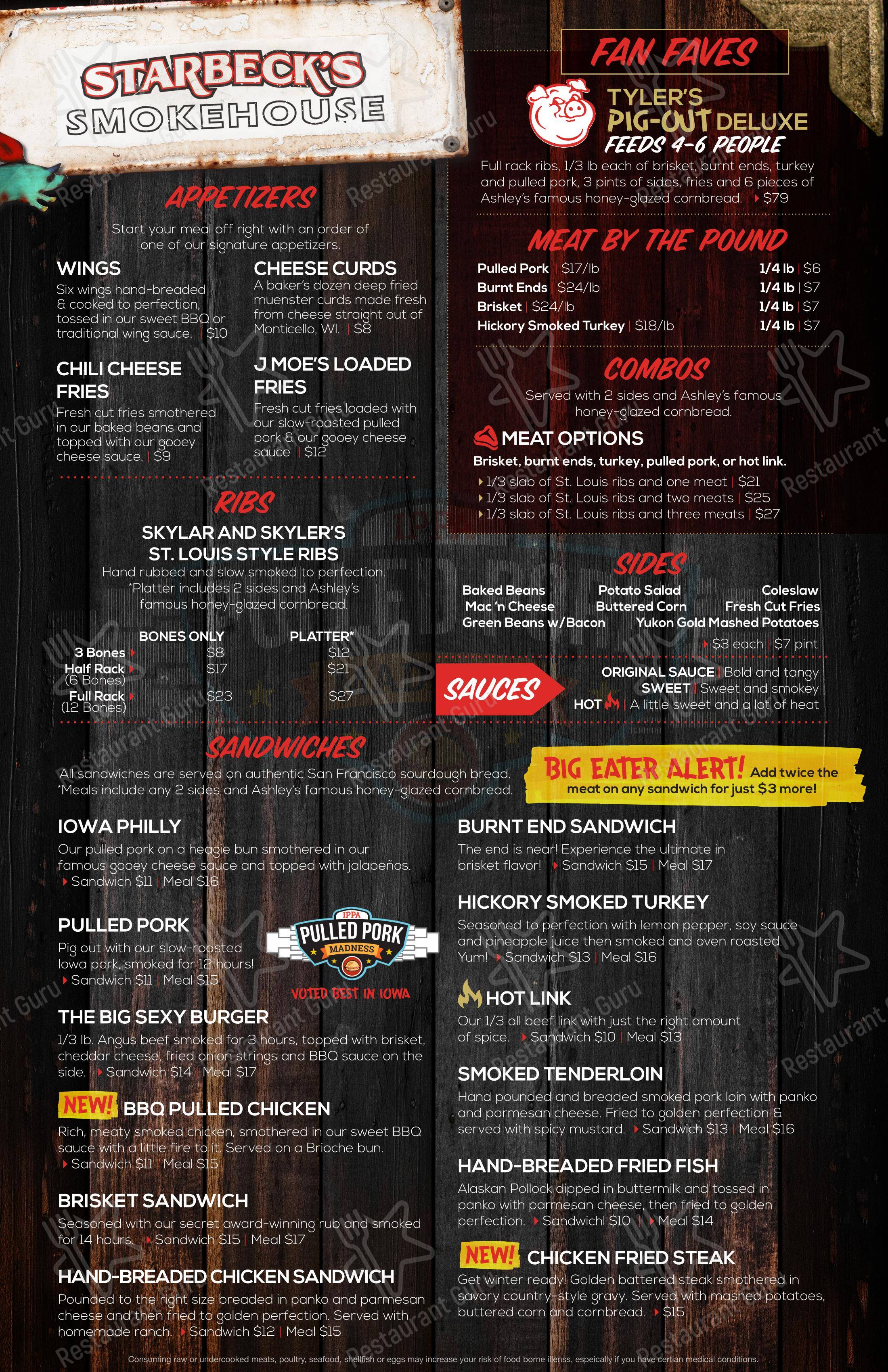 Menu at Starbeck's Smokehouse BBQ, Waterloo