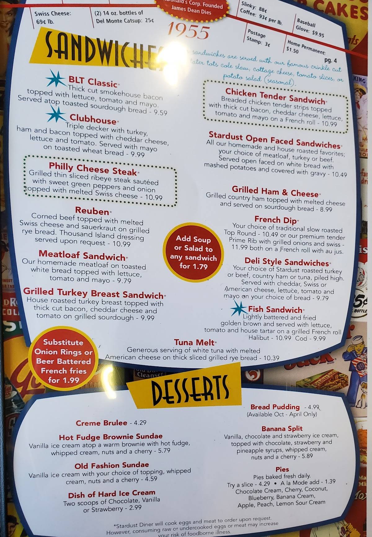 Menu at Stardust Diner cafe, Vancouver