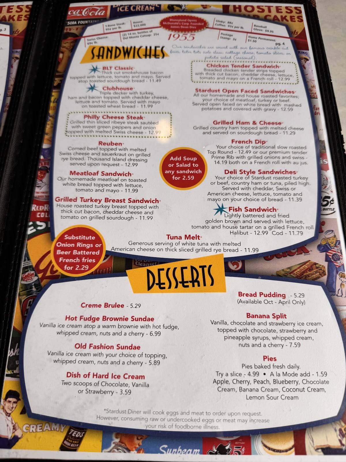 Menu at Stardust Diner cafe, Vancouver