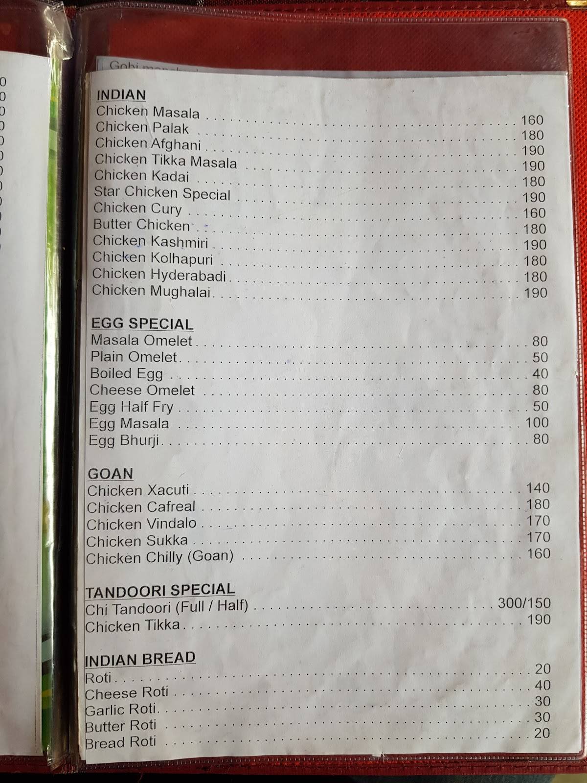 Menu at Starlight Restaurant & Bar, Arpora