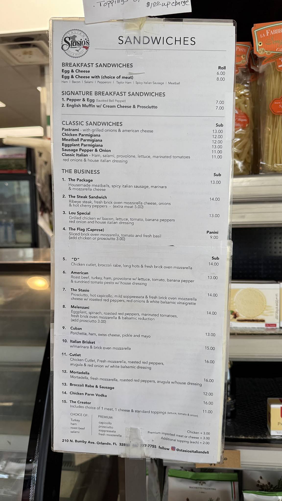 Menu at Stasio's Italian Deli & Market restaurant, Orlando