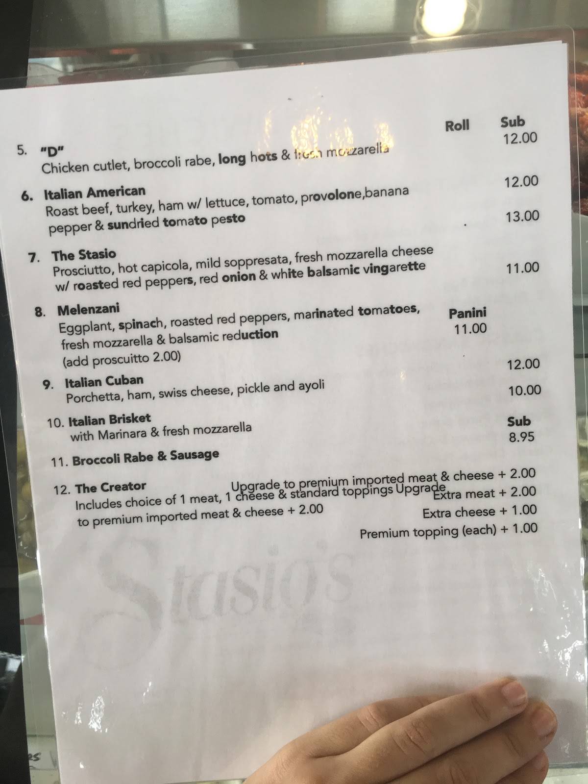 Menu at Stasio's Italian Deli & Market restaurant, Orlando