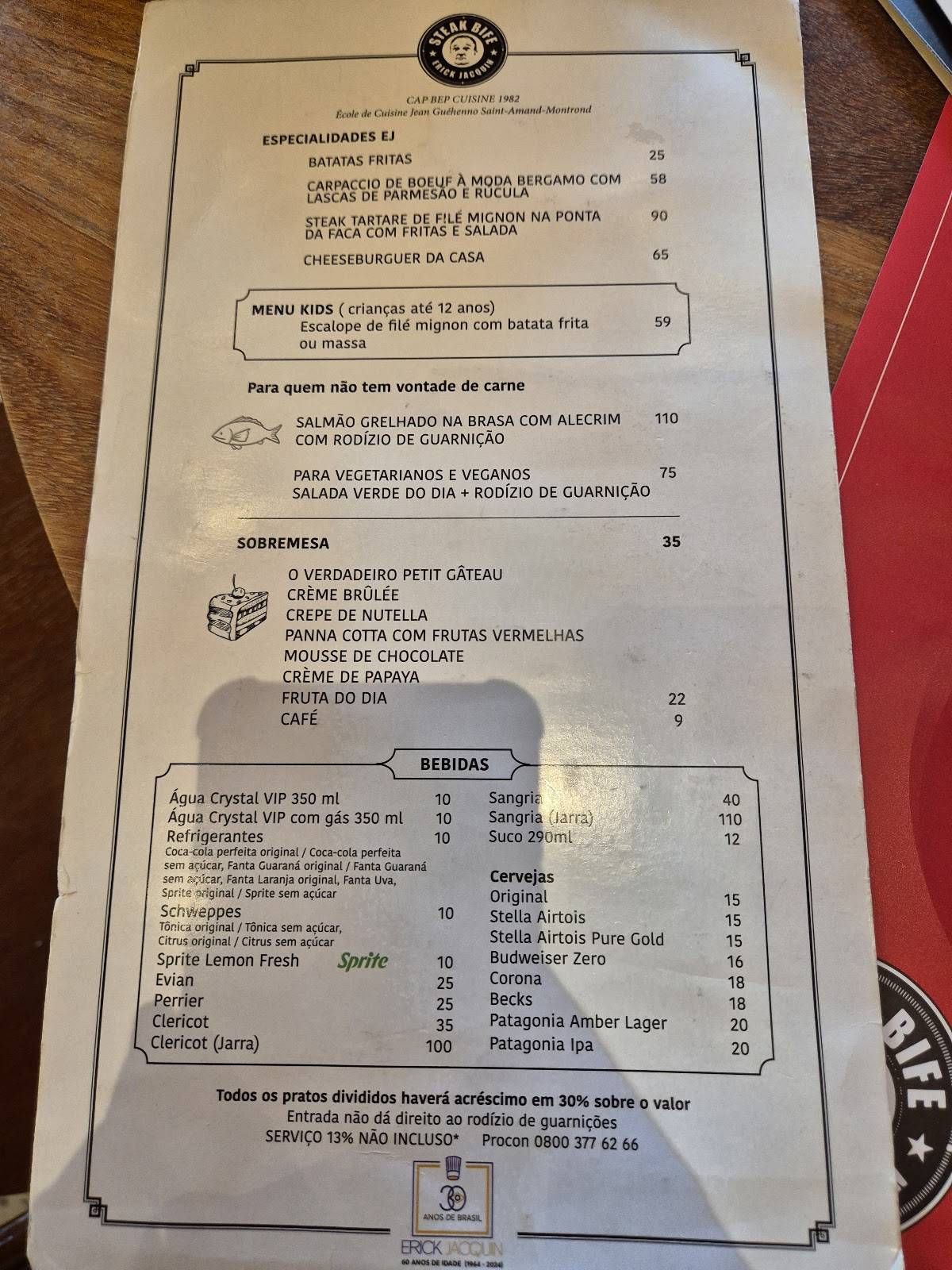 Menu em Steak Bife - Chef Erick Jacquin (Rebouças) churrascaria, São Paulo