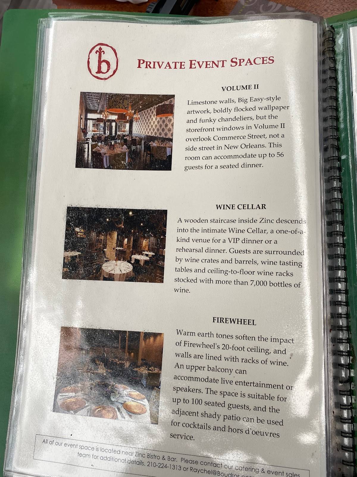 Menu at Boudro's on the Riverwalk steakhouse, San Antonio
