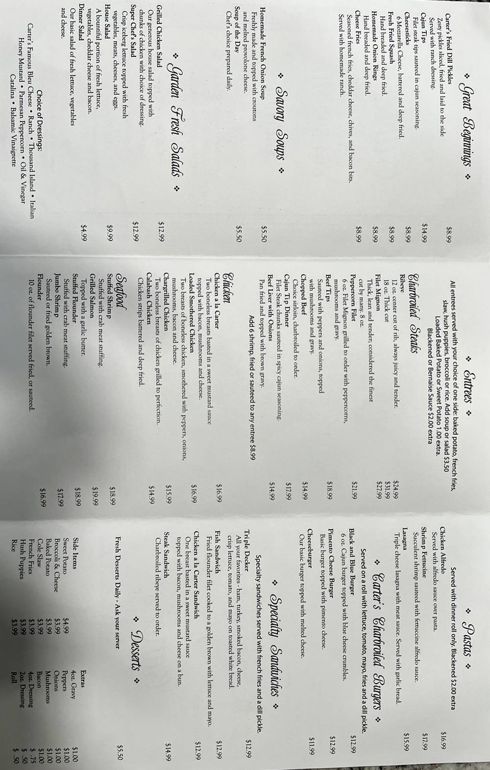 Menu at Carter's Steak & Seafood steakhouse, USA