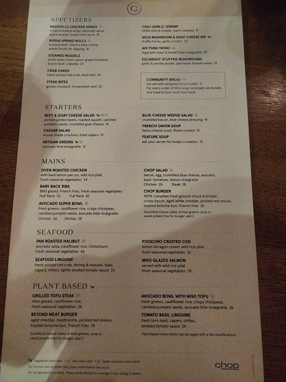Menu at Chop Steakhouse & Bar, Ottawa