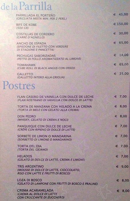 Menu at El Porteño • Darsena steakhouse, Milan, V.le Gian Galeazzo
