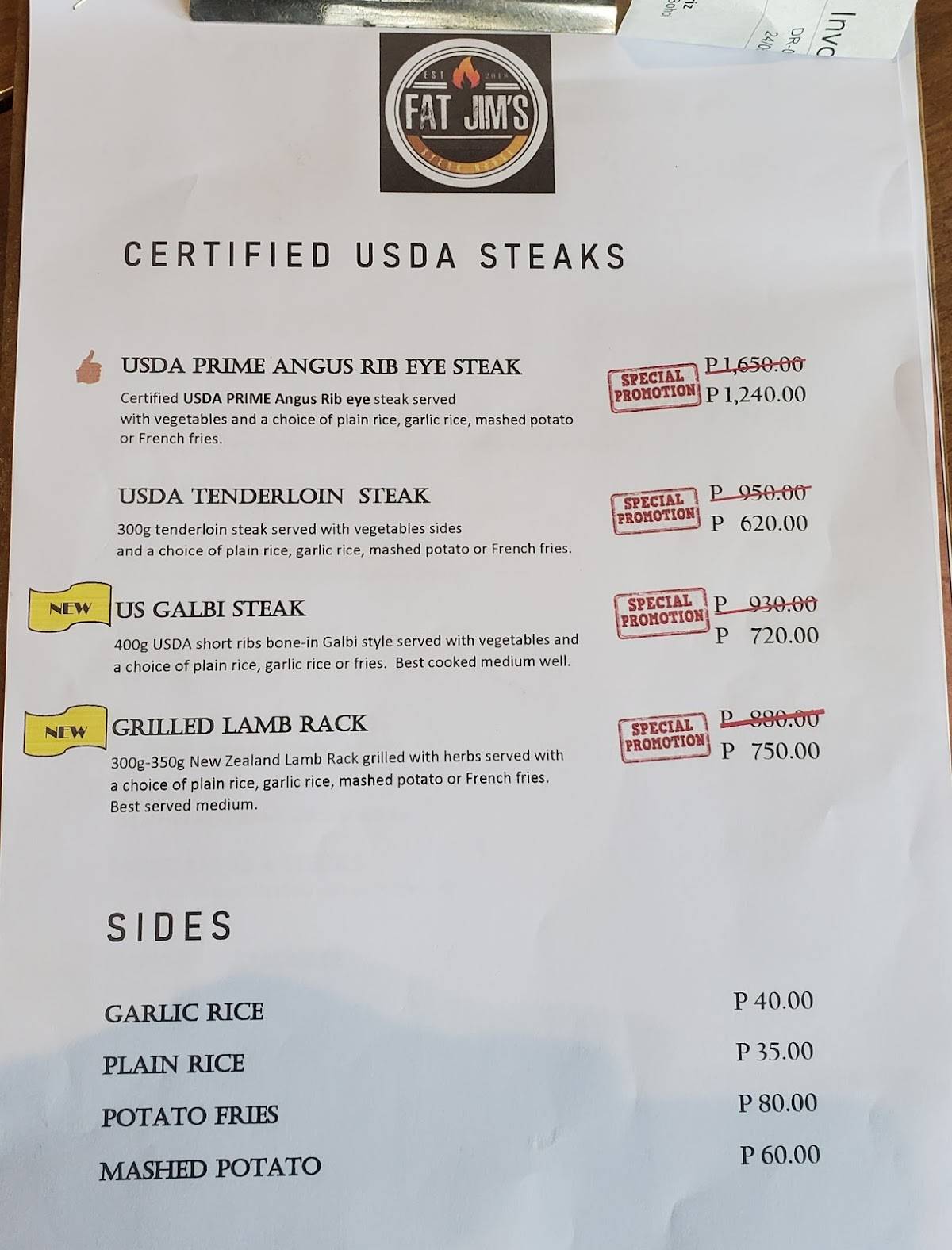 Menu at Fat Jim's Steak House steakhouse, Mandaue City