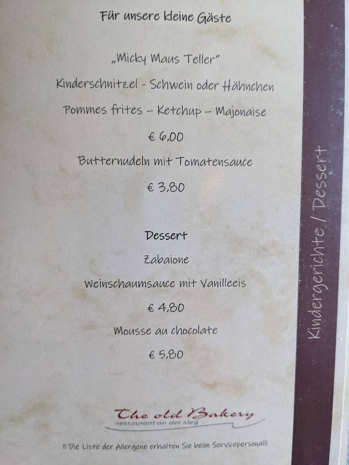 Menu au Gaststätte Old Bakery, Wissen