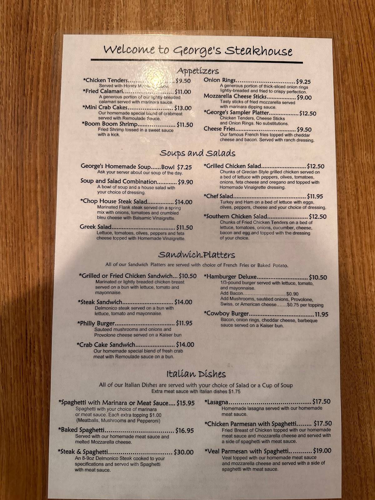 Menu at George's Steak House steakhouse, Suffolk