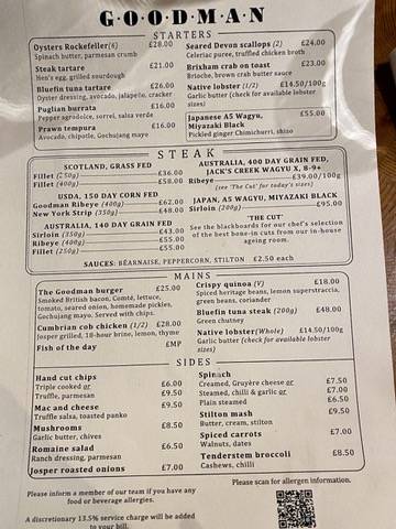 Carta de parrilla Goodman, Londres, 24-26 Maddox St