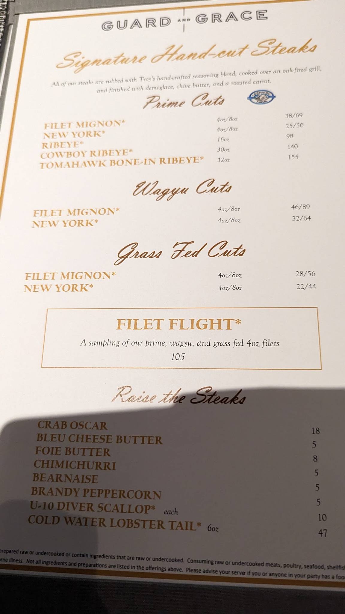 Menu at Guard and Grace steakhouse, Denver